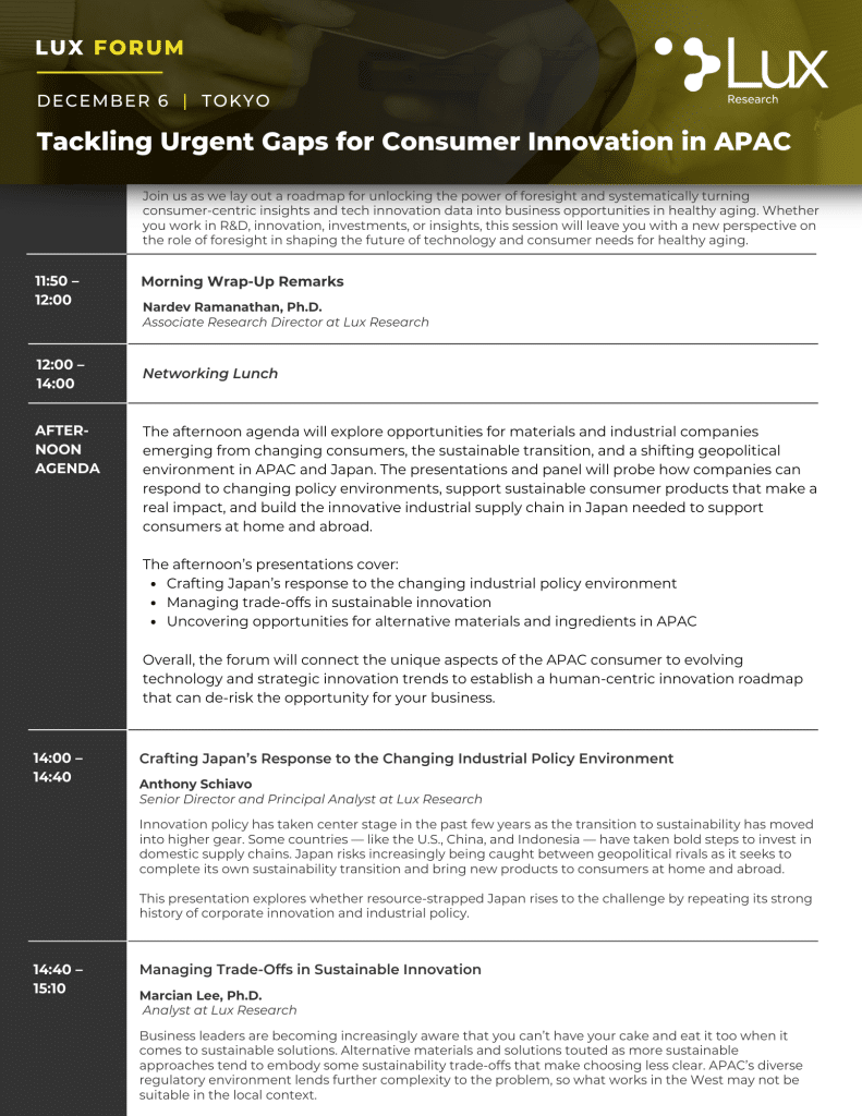 LUX FORUM TOKYO Tackling Urgent Gaps for Consumer Innovation in APAC - Lux Research